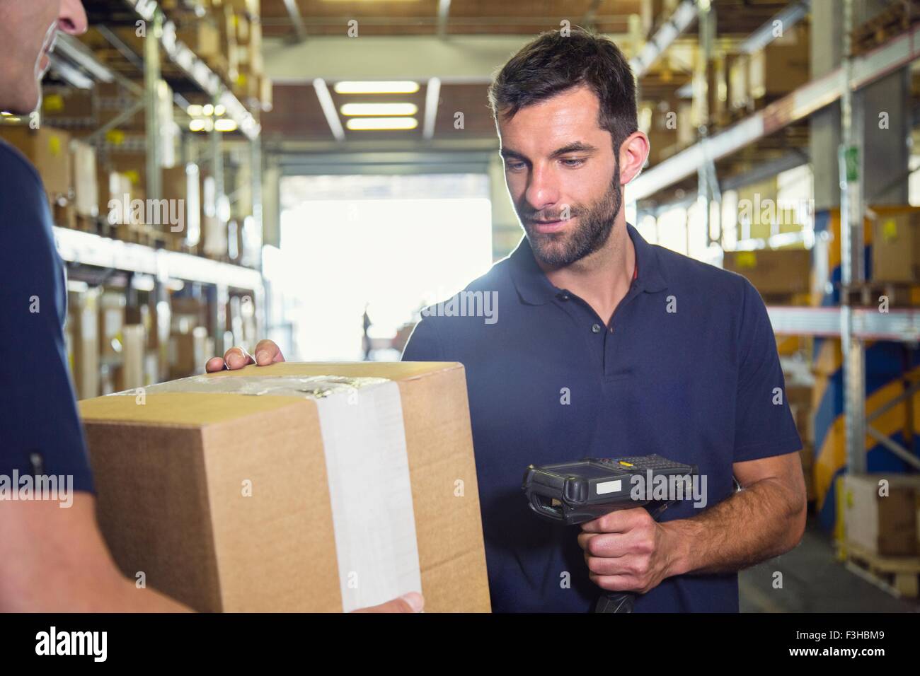 Warehouse worker using barcode scanner on cardboard box in distribution ...