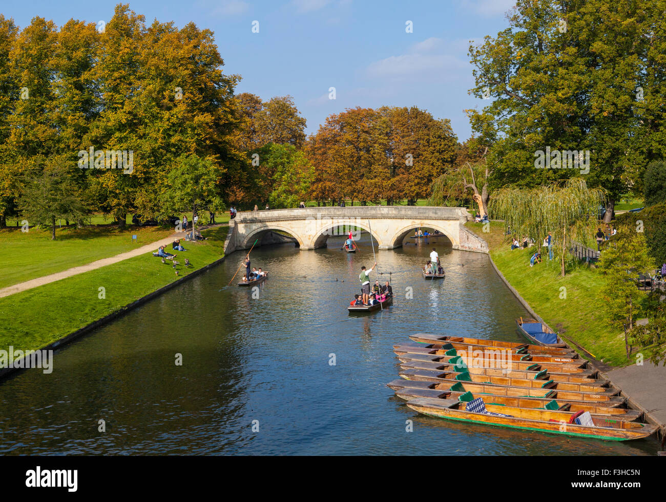 A view over the River Cam in Cambridge looking towards Trinity Bridge ...
