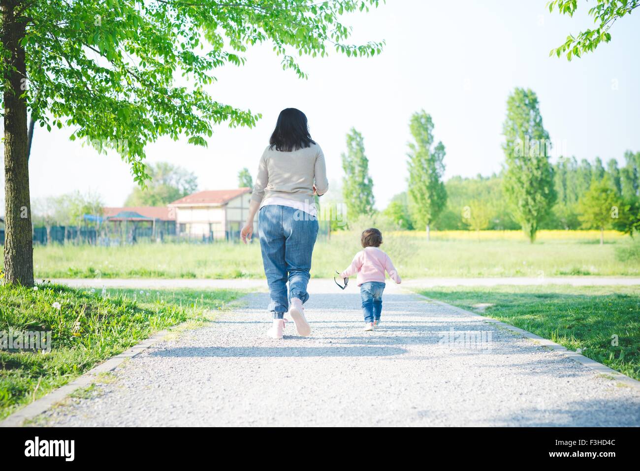 Rear view of female toddler toddling with mother in park Stock Photo ...