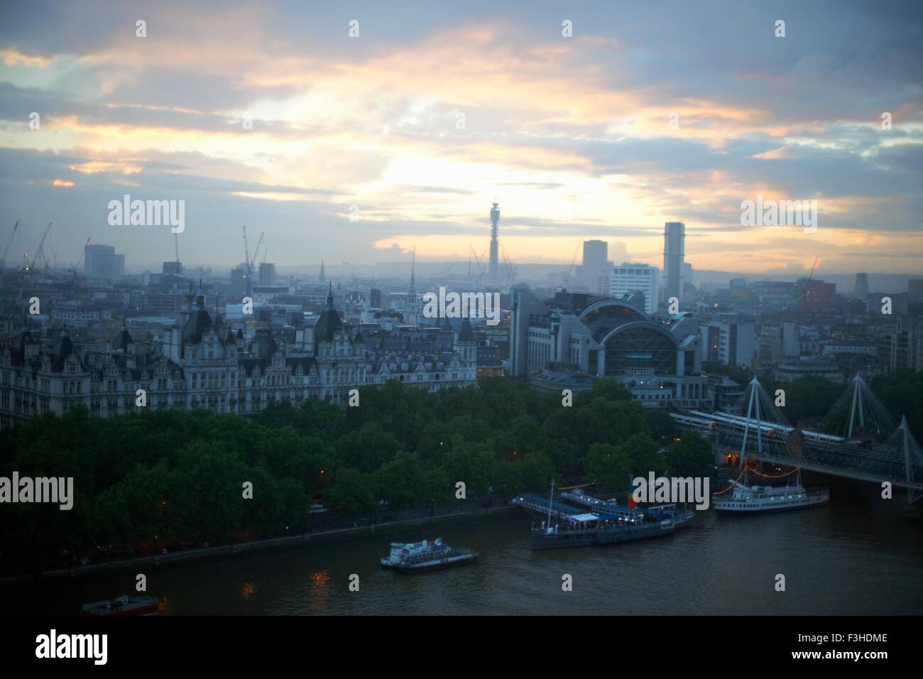 High angle view of river Thames and waterfront at dawn, London, England ...