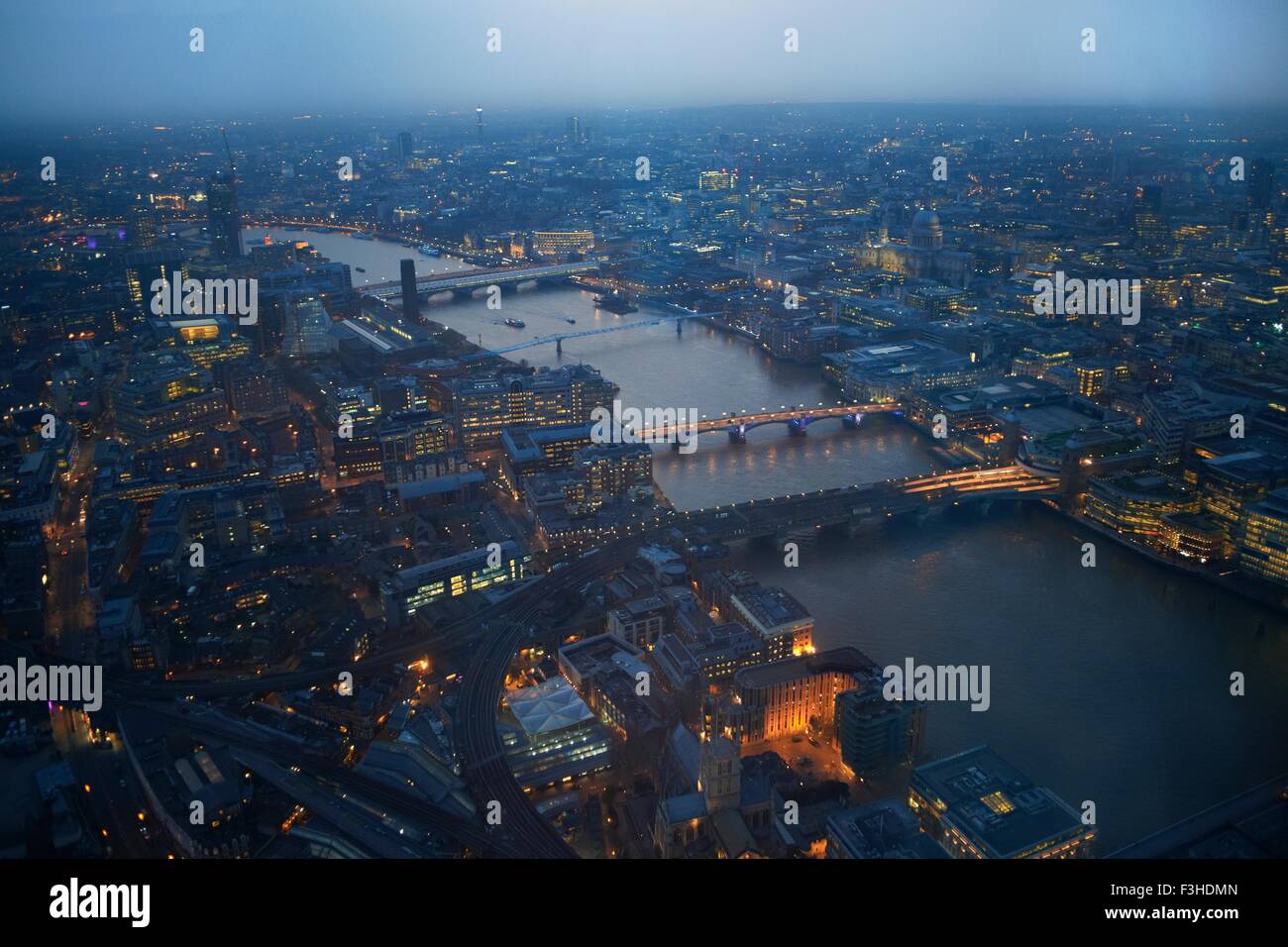 Aerial cityscape of river Thames and bridges at dawn, London, England ...