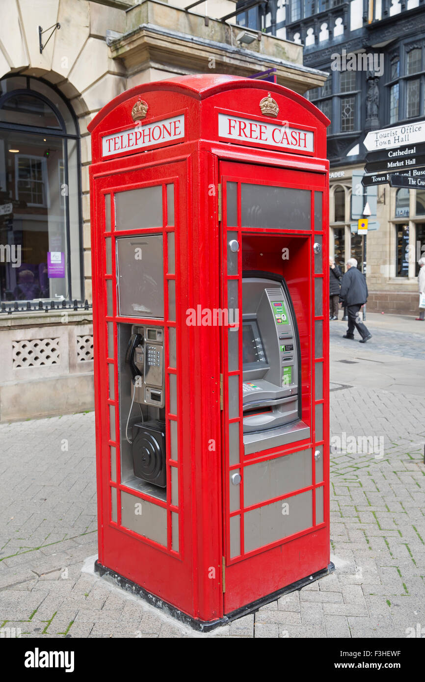 Atm free cash machine inside a red telephone box in Chester Stock Photo ...
