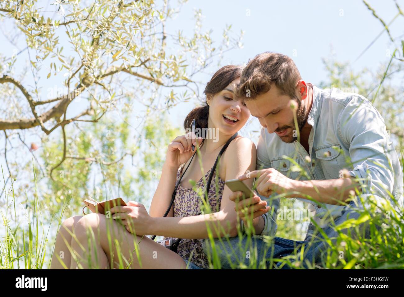 Low angle view of young couple sitting looking down at smartphone ...