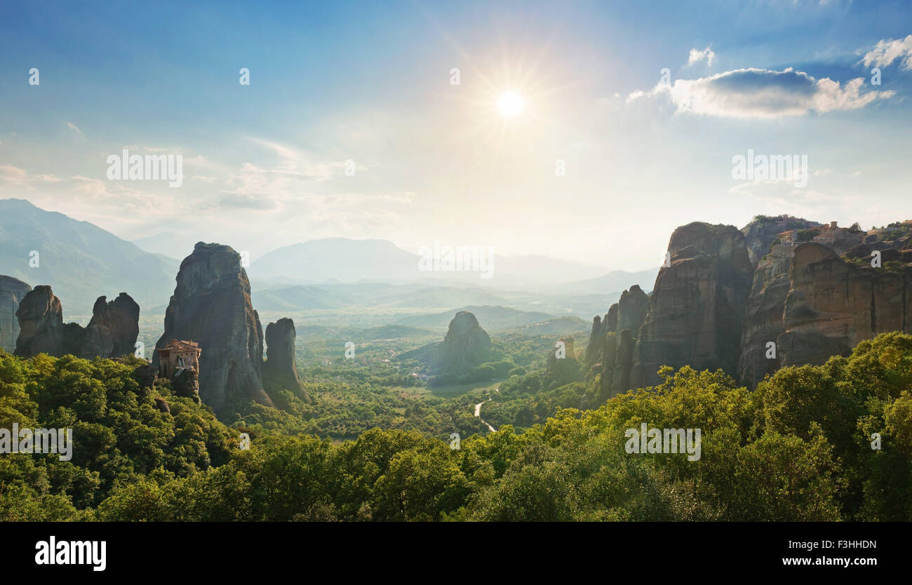 Wide angle panoramic view of Meteora mountains Stock Photo - Alamy