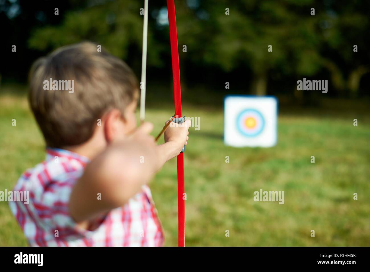 Rear view of teenage boy practicing archery Stock Photo - Alamy