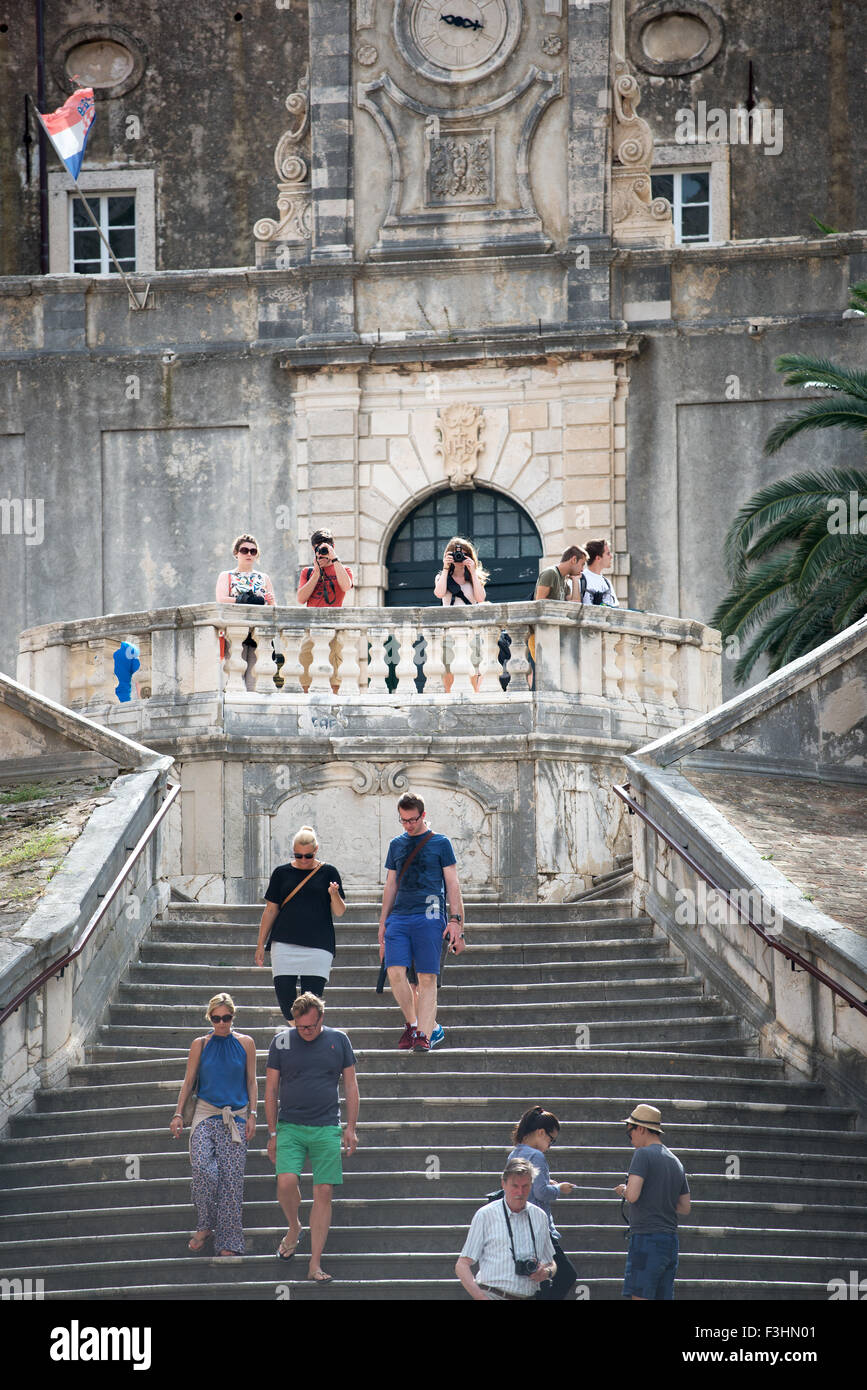 Tourists on Baroque Jesuits' Staircase, Old Town of Dubrovnik, Croatia ...