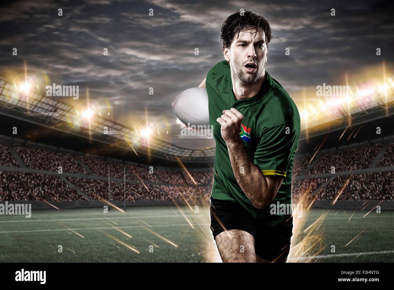 South African rugby player, wearing a green and gold uniform in a ...