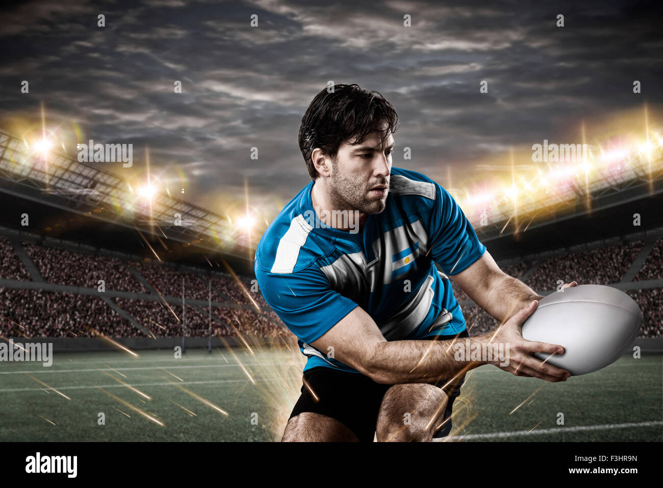 Argentinean rugby player, wearing a blue and white uniform in a stadium ...