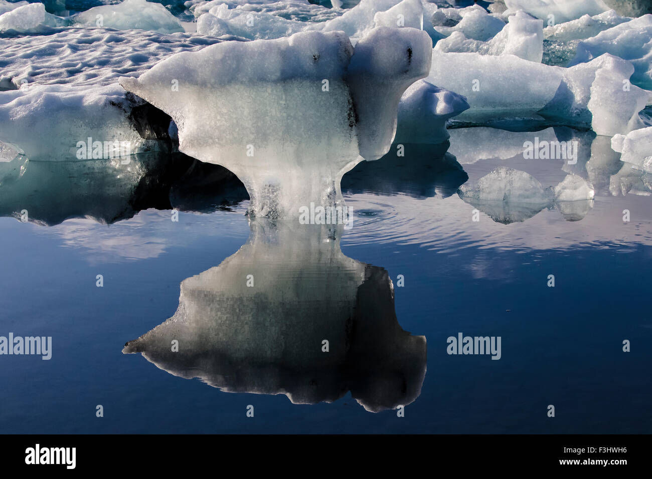 Glacial Ice floating on a still freshwater surface with very clear ...