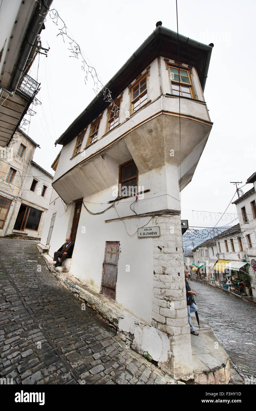 Ottoman houses and cobblestone street in the Citadel, Gjirokaster ...