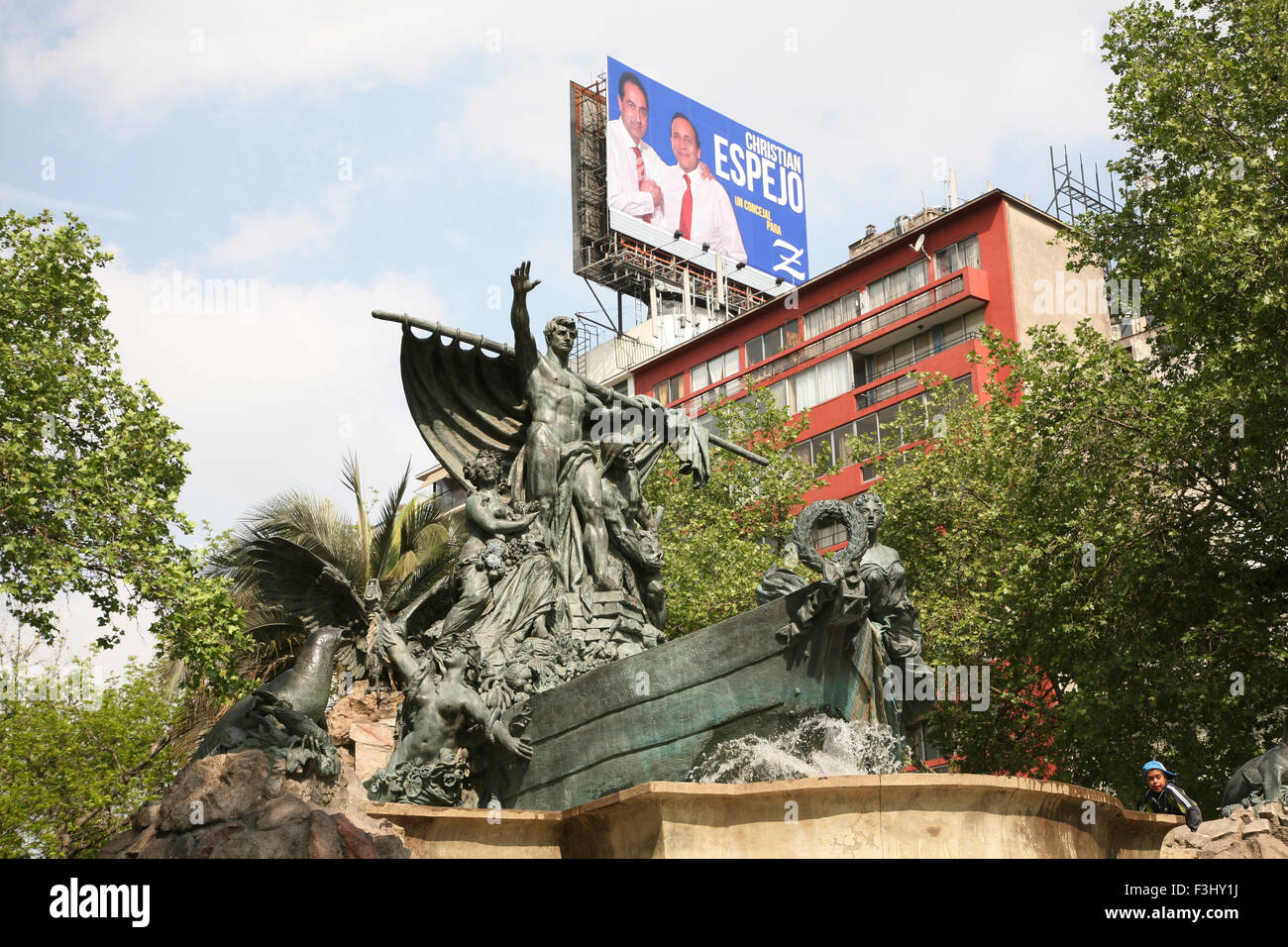 Bronze statude of boat and figures in Santiago de Chile Stock Photo - Alamy