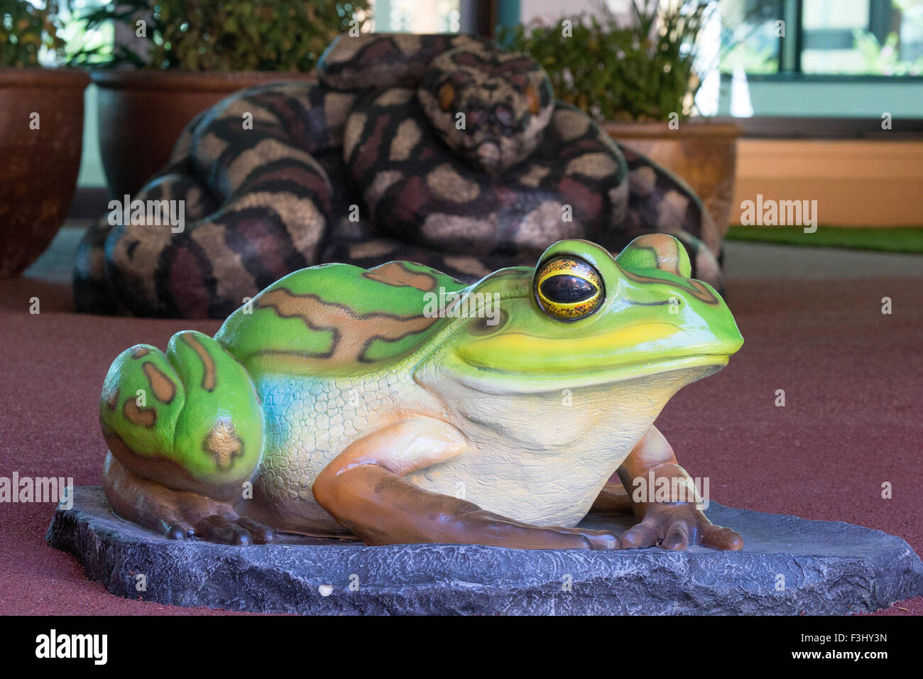 A snake sculpture eyes up a tasty green frog scultpure in the George ...