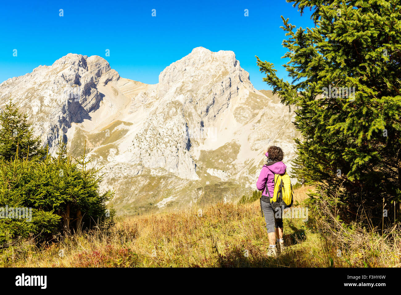 a woman hiker on a trail in the French Alps Stock Photo - Alamy
