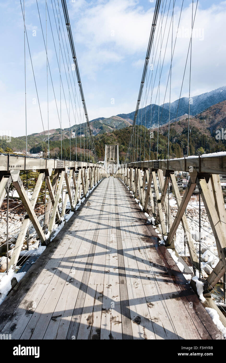 Japan, mountain town of Nagiso. Momosukebashi suspension foot bridge ...