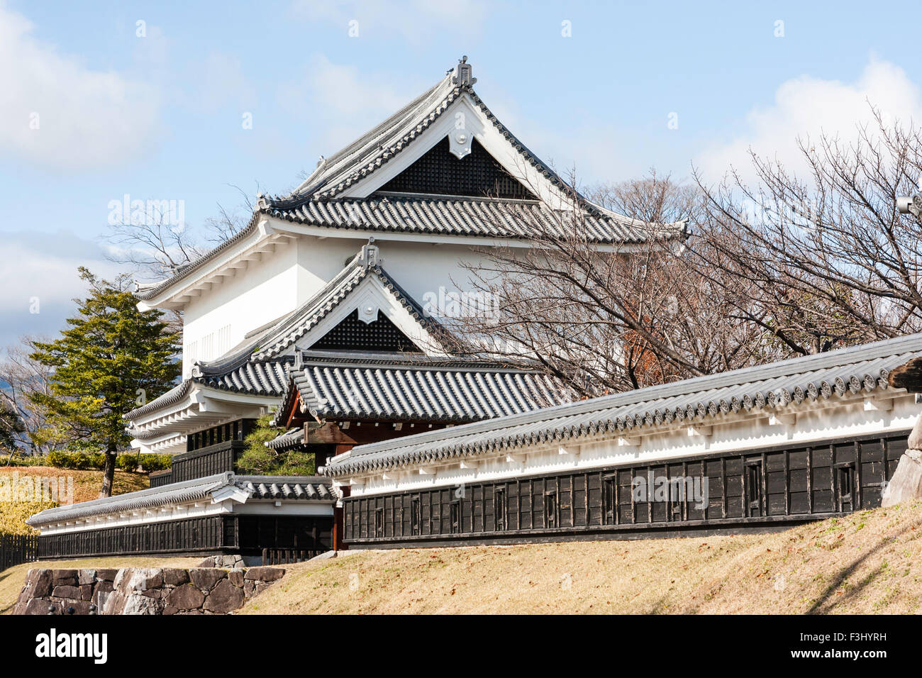 Japan, reconstructed Shoryuji castle, in Kyoto. Outer earth embankment ...