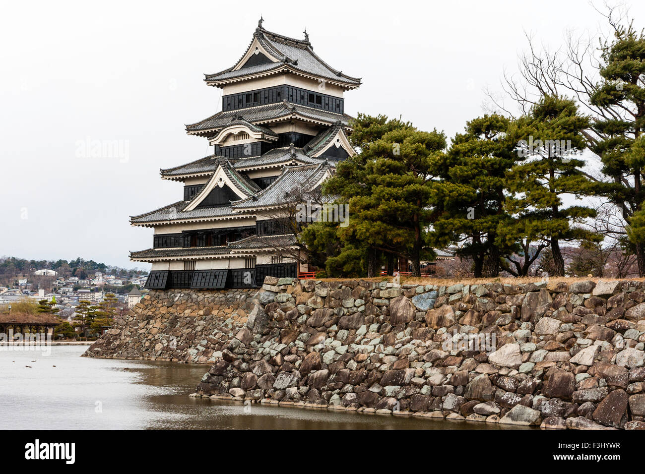 Matsumoto castle in Japan. Beautiful black castle keep on stone base ...