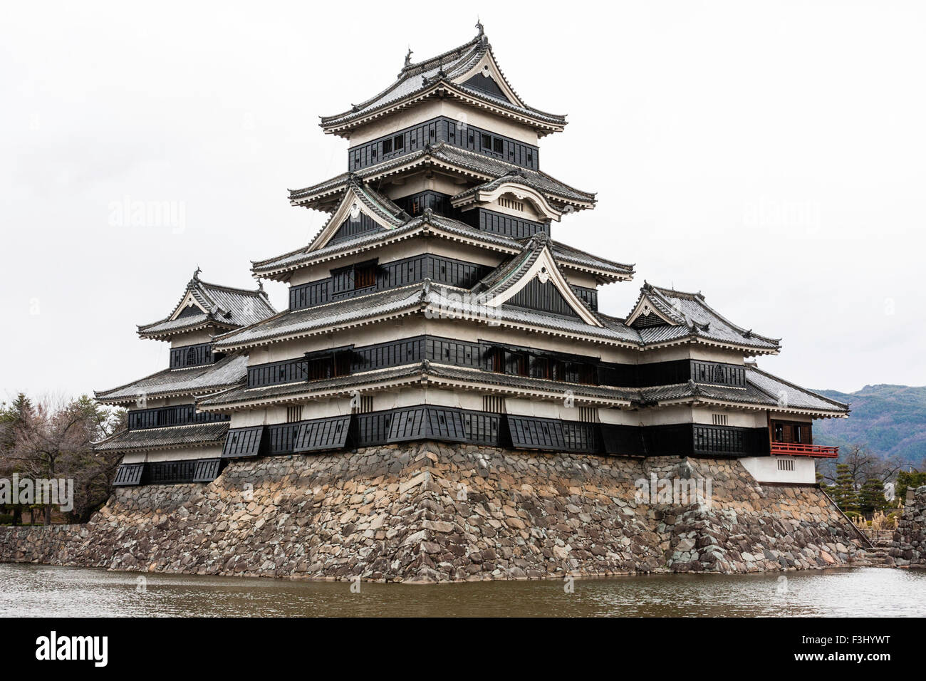 Matsumoto castle in Japan. Beautiful black castle keep on stone base ...