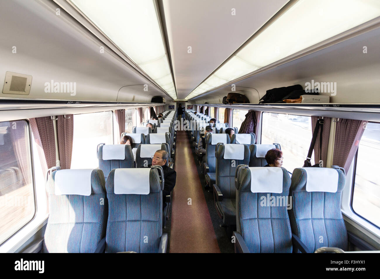 Japan, Japanese Railway Shinano express, interior view along carriage ...