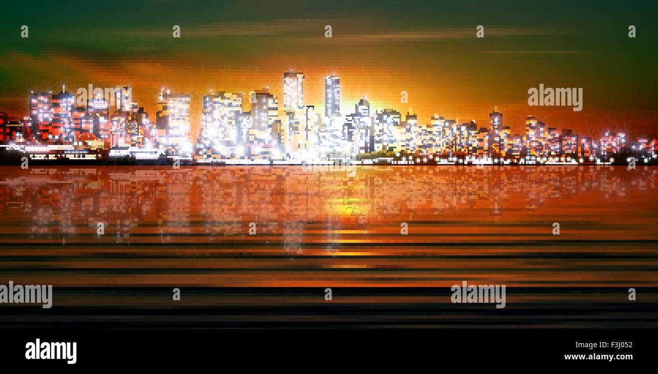 abstract green sunset background with silhouette of city vector ...