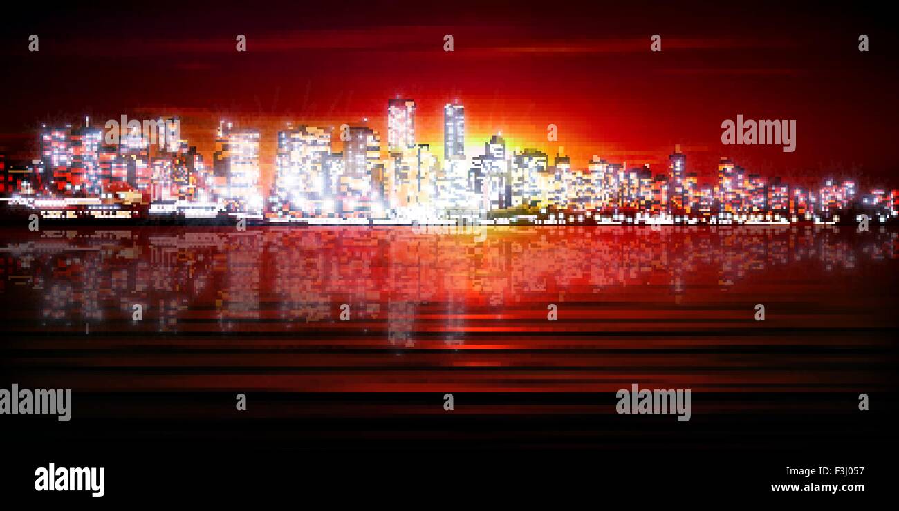 abstract red sunset background with silhouette of city vector ...