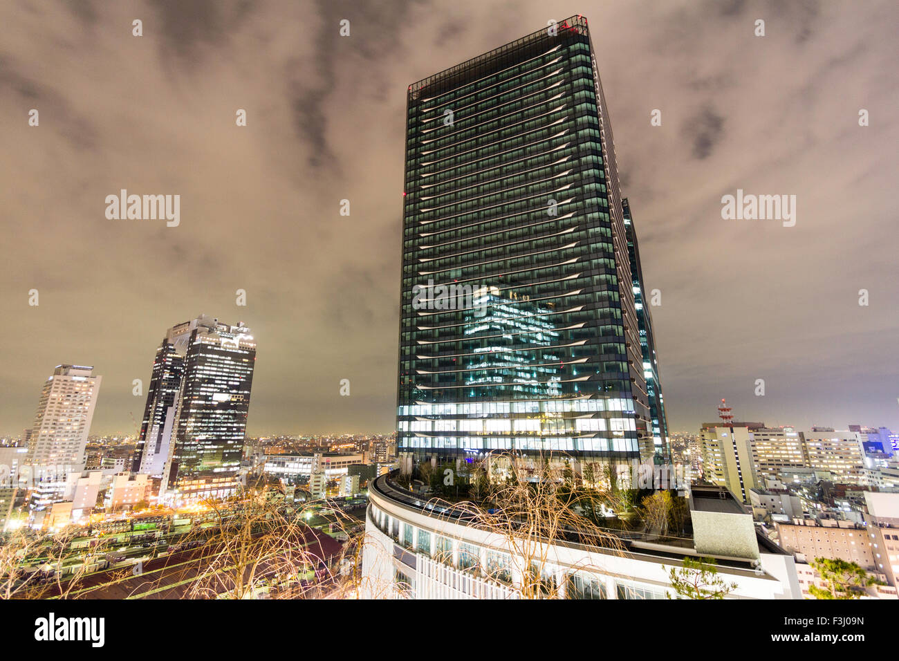 Osaka night time skyline. Large high rise building 'Grand Front Osaka ...