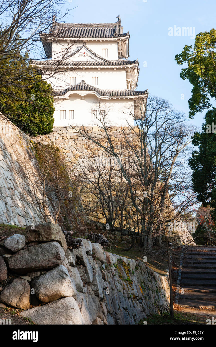 Japan, Akaski Castle, path and stone steps leading past the high ...