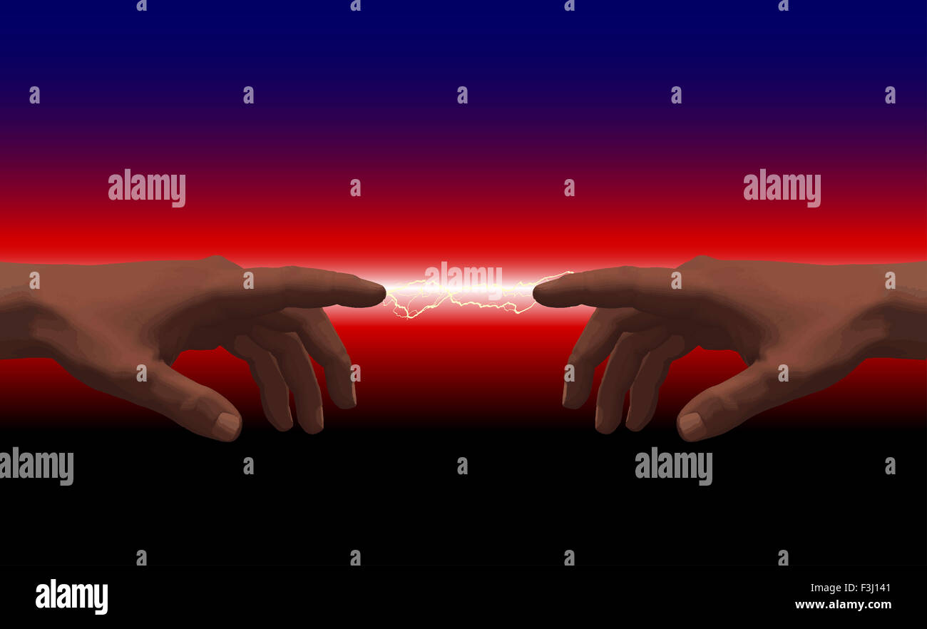 Two hands with pointing fingers and electricity bolts between Stock ...