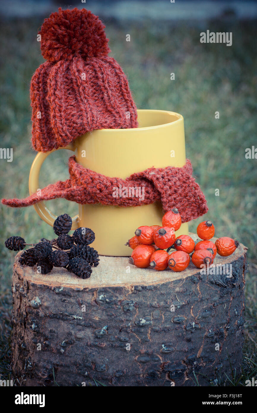 Vintage photo, Yellow cup of hot tea with woolen cap wrapped woolen ...