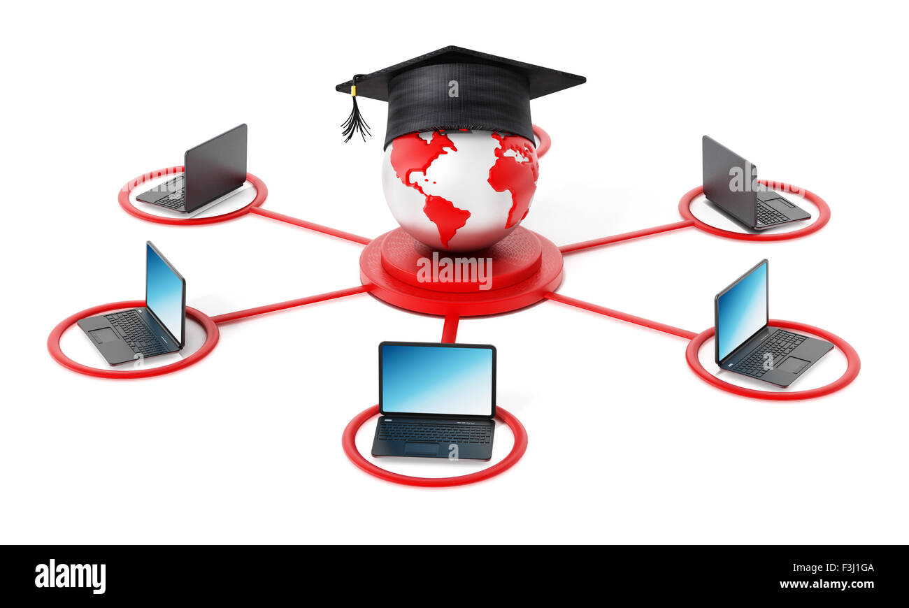 E-learning network. Laptop computer connected to the globe with a ...