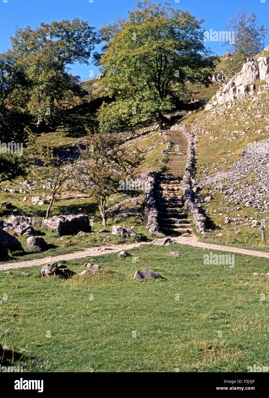 Steps leading down to Malham Cove, Malham, Yorkshire Dales, North ...