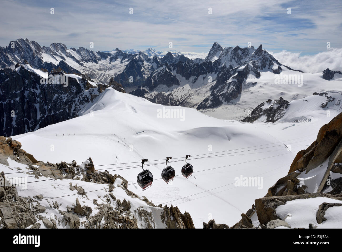 Cable cars approaching Aiguille du Midi, Mont Blanc Massif, Chamonix, French Alps, Haute Savoie ...