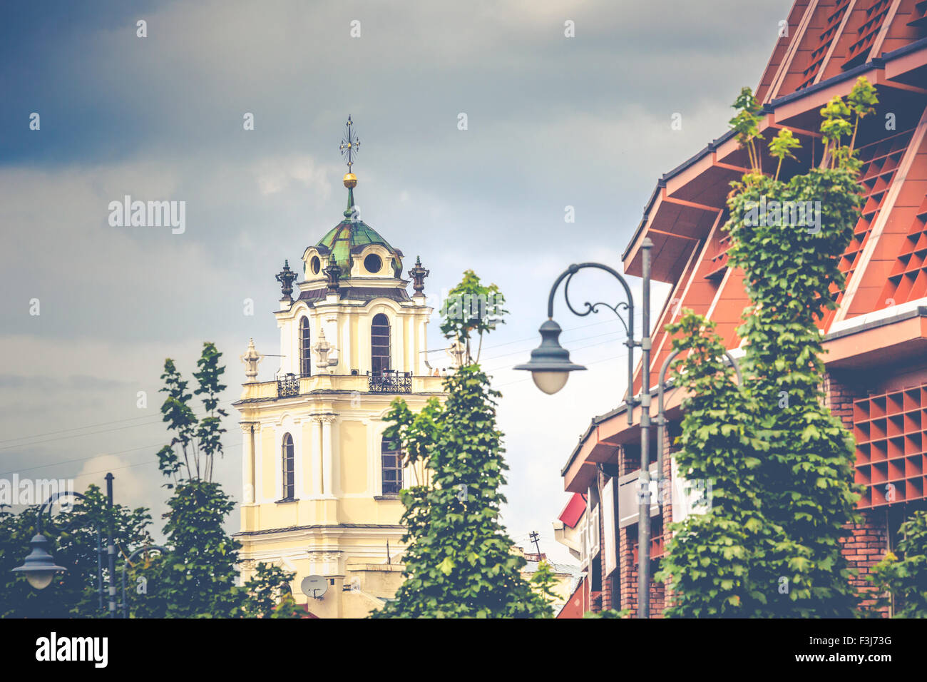 bell tower in the morning light in Vilnius on background blue sky Stock ...