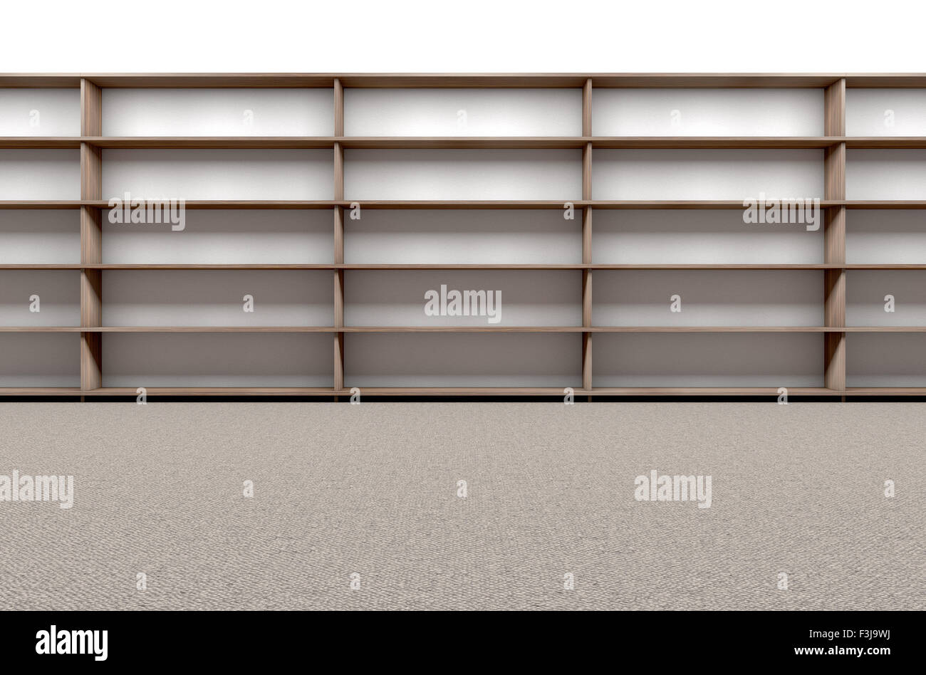 A direct top view of a row of an empty bookshelf in a carpeted aisle ...