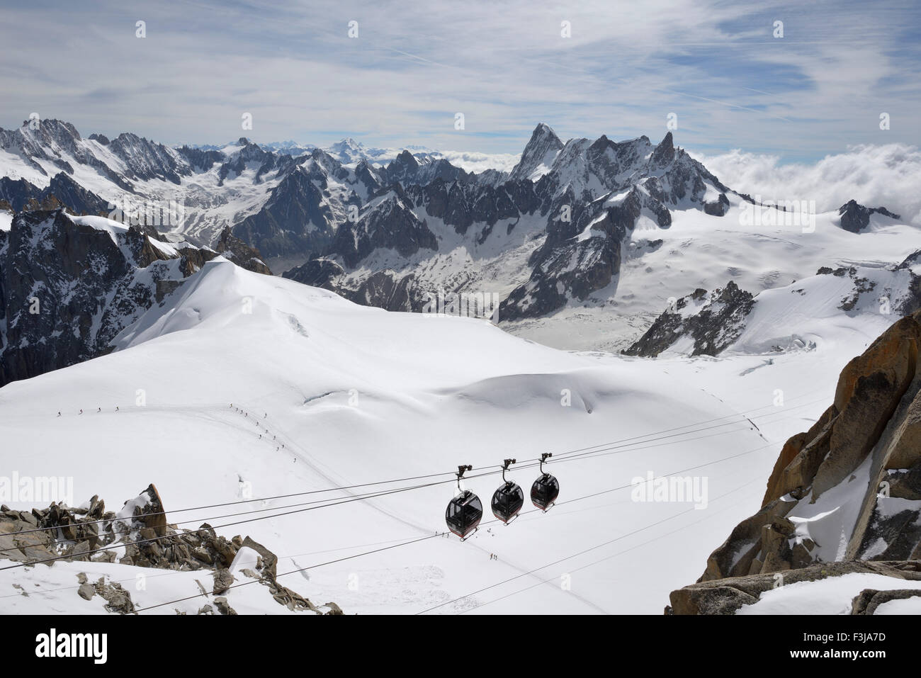Cable cars approaching Aiguille du Midi, Mont Blanc Massif, Chamonix ...