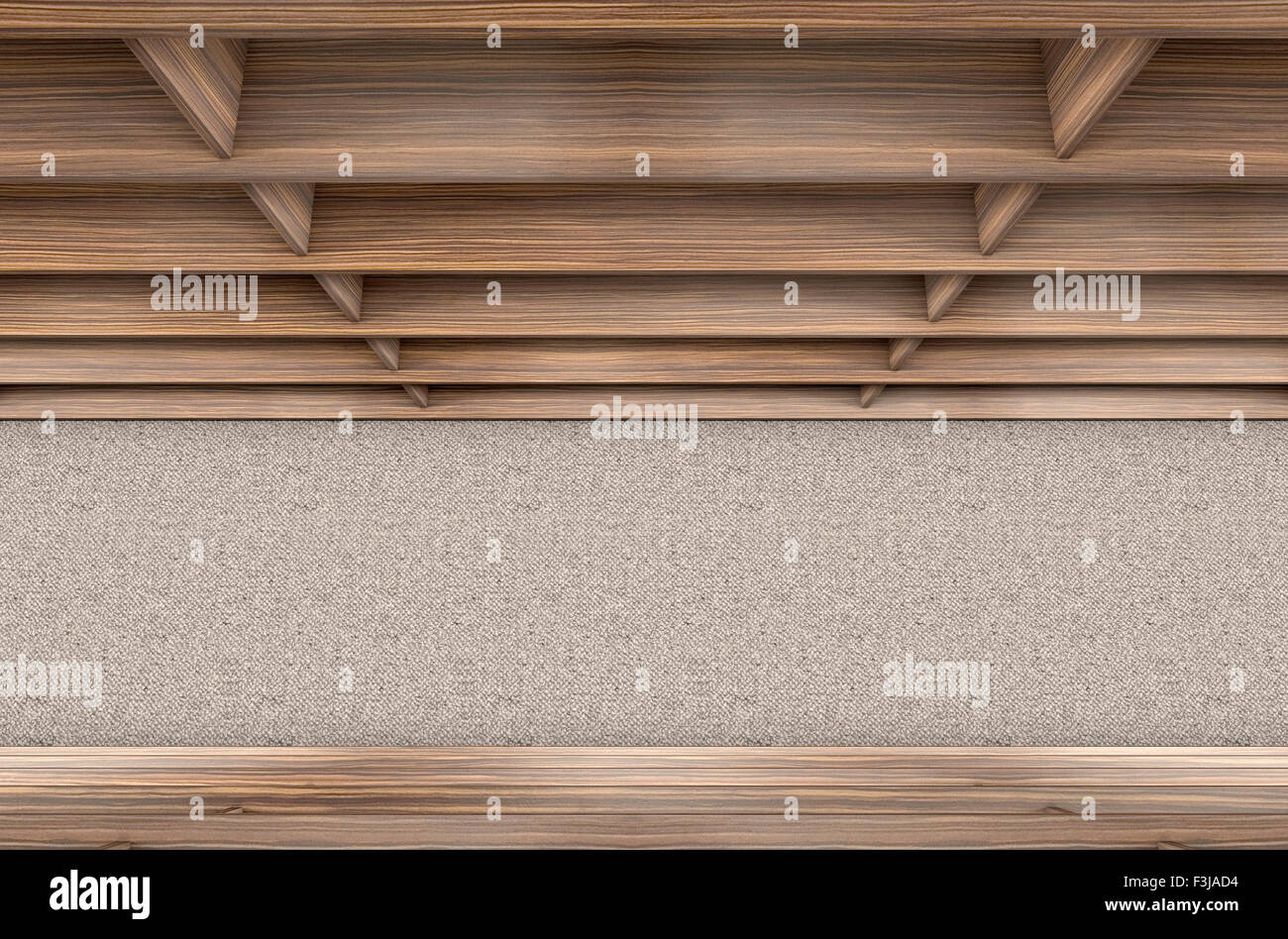 A direct top view of a row of an empty bookshelf in a carpeted aisle ...