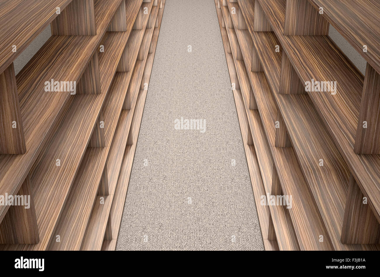 A direct top view of a row of an empty bookshelf in a carpeted aisle ...