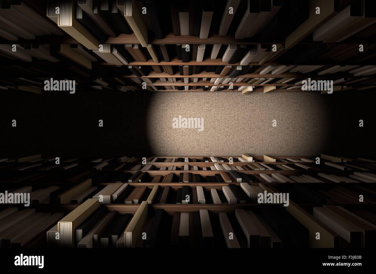 A direct top view of a row of a library bookshelf in a carpeted aisle ...