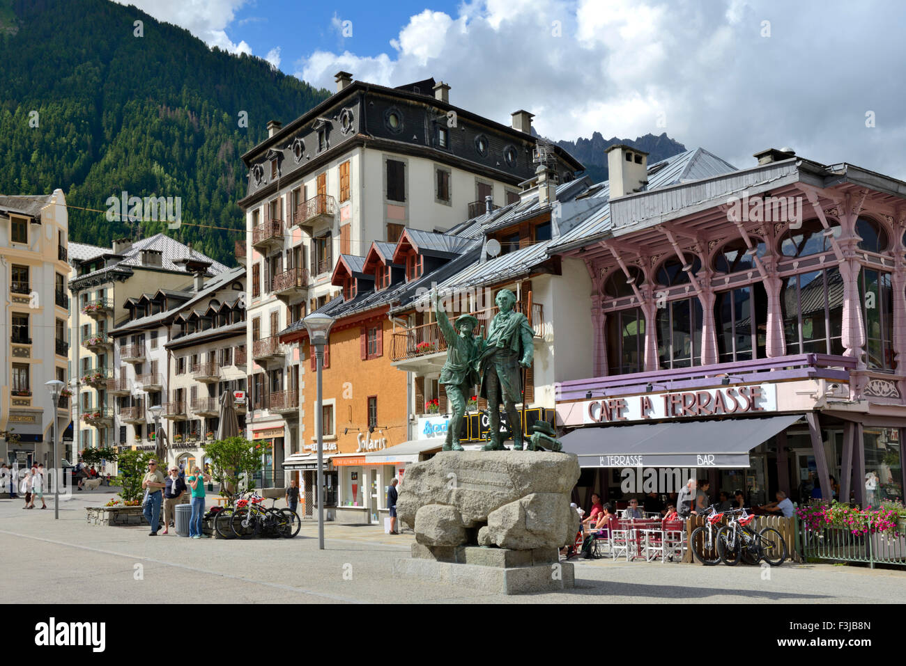 Statue of Jaques Balmat and HB Sassure commemorating the first ascent ...
