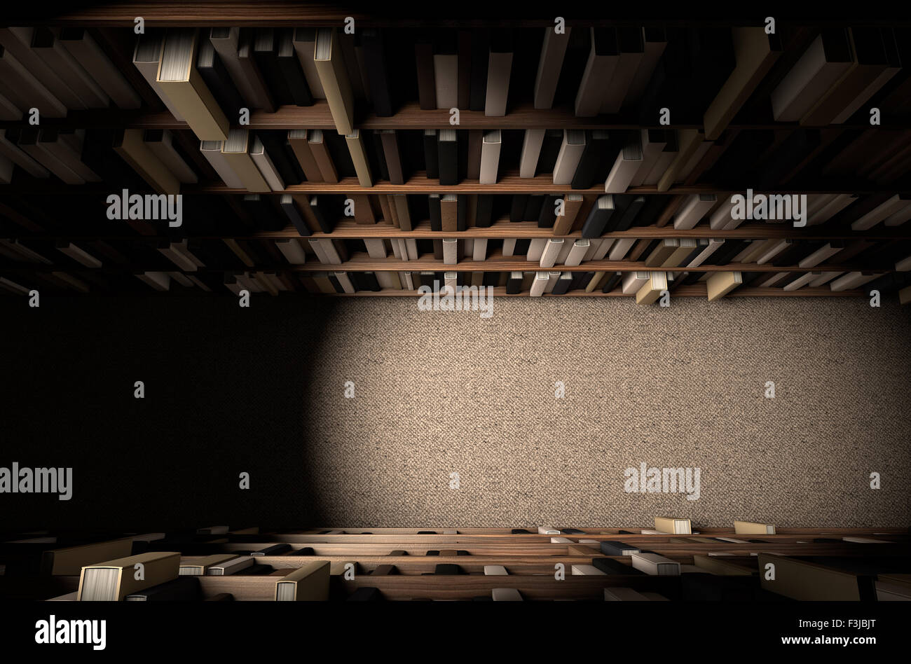 A direct top view of a row of a library bookshelf in a carpeted aisle ...