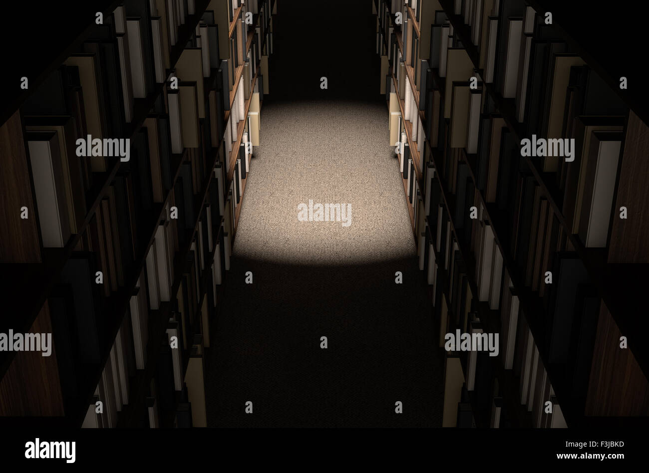 A direct top view of a row of a library bookshelf in a carpeted aisle ...