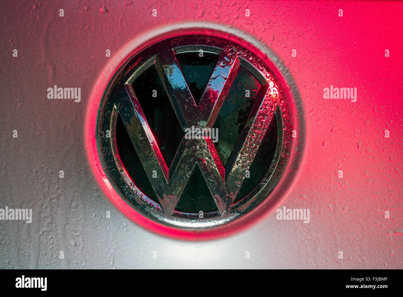 MADRID, SPAIN - OCTOBER 7, 2015: Logo of a Volkswagen Tiguan TDI wet ...