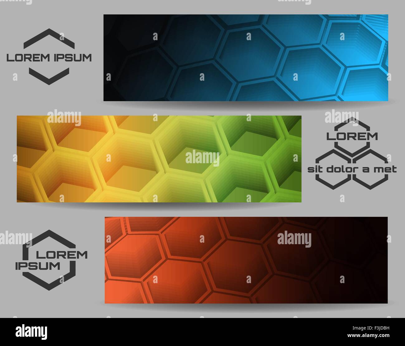 Abstract Design Hexagonal Shapes Banner or header set. Three color ...