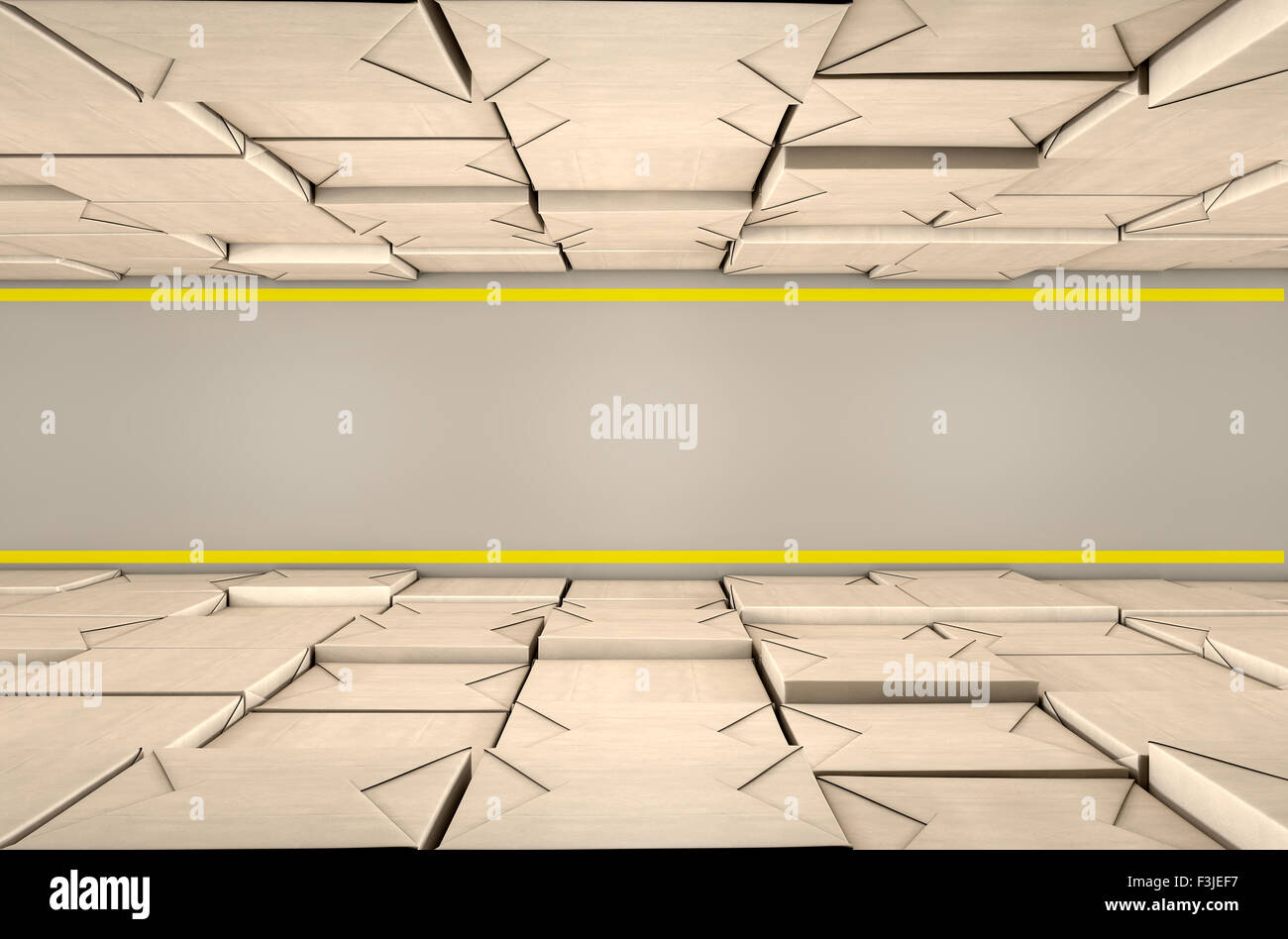 A direct top view of aisle of stacked wrapped boxes in a concrete ...