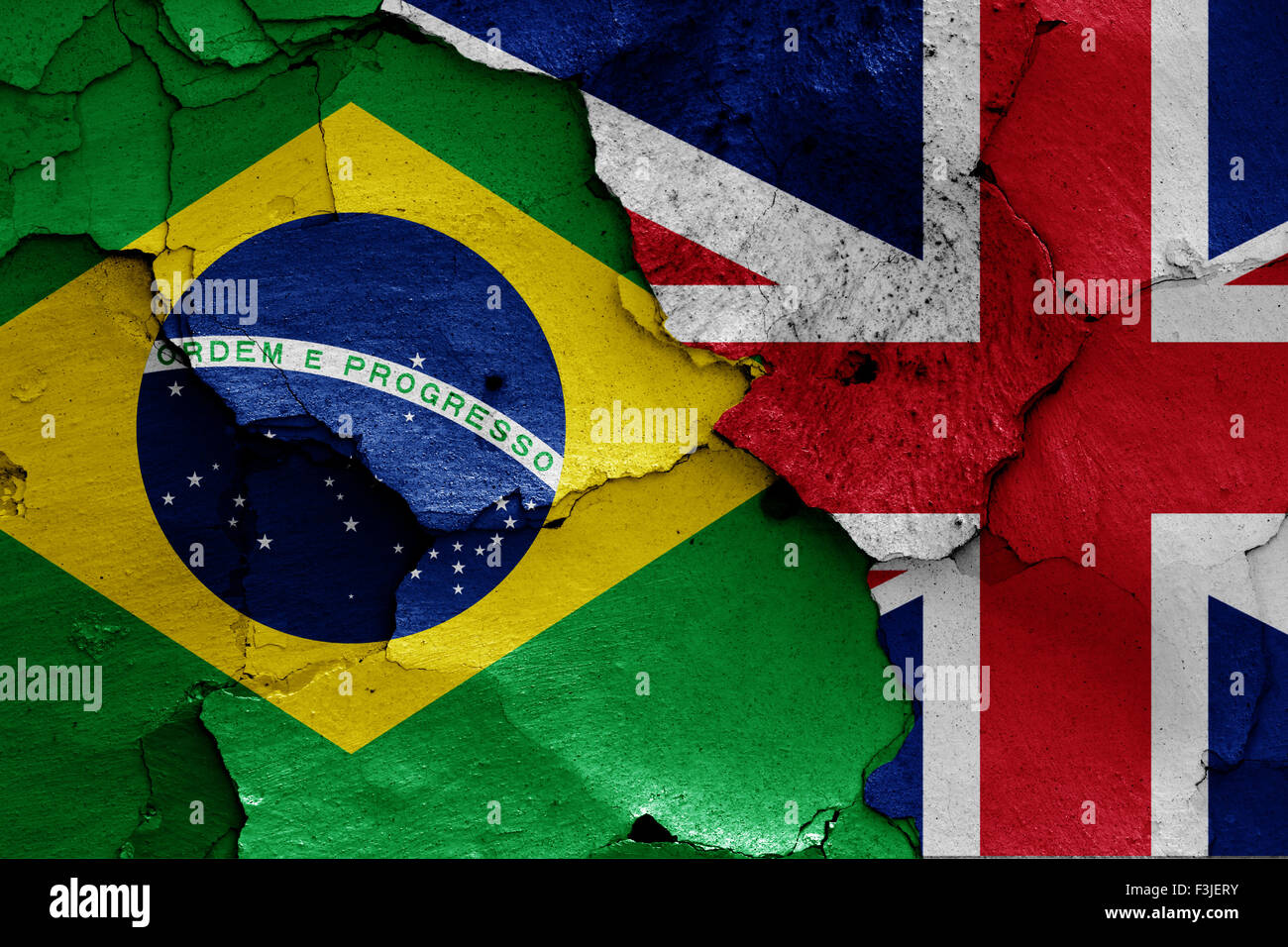 flags of Brazil and UK painted on cracked wall Stock Photo - Alamy