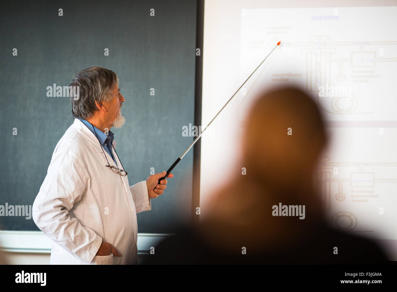 Senior chemistry professor giving a lecture in front of classroom full ...
