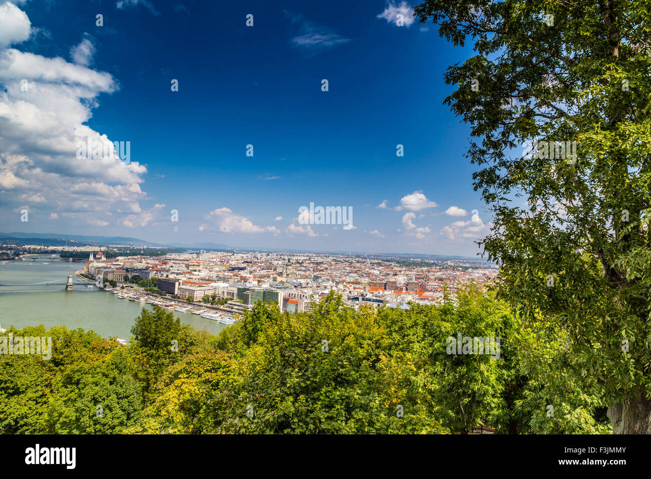 Panorama of the Danube river running through the ancient buildings of ...