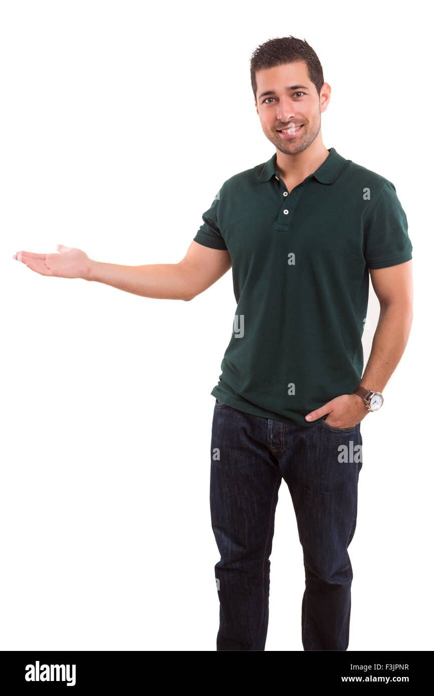 Young man presenting your product, isolated over a white background ...