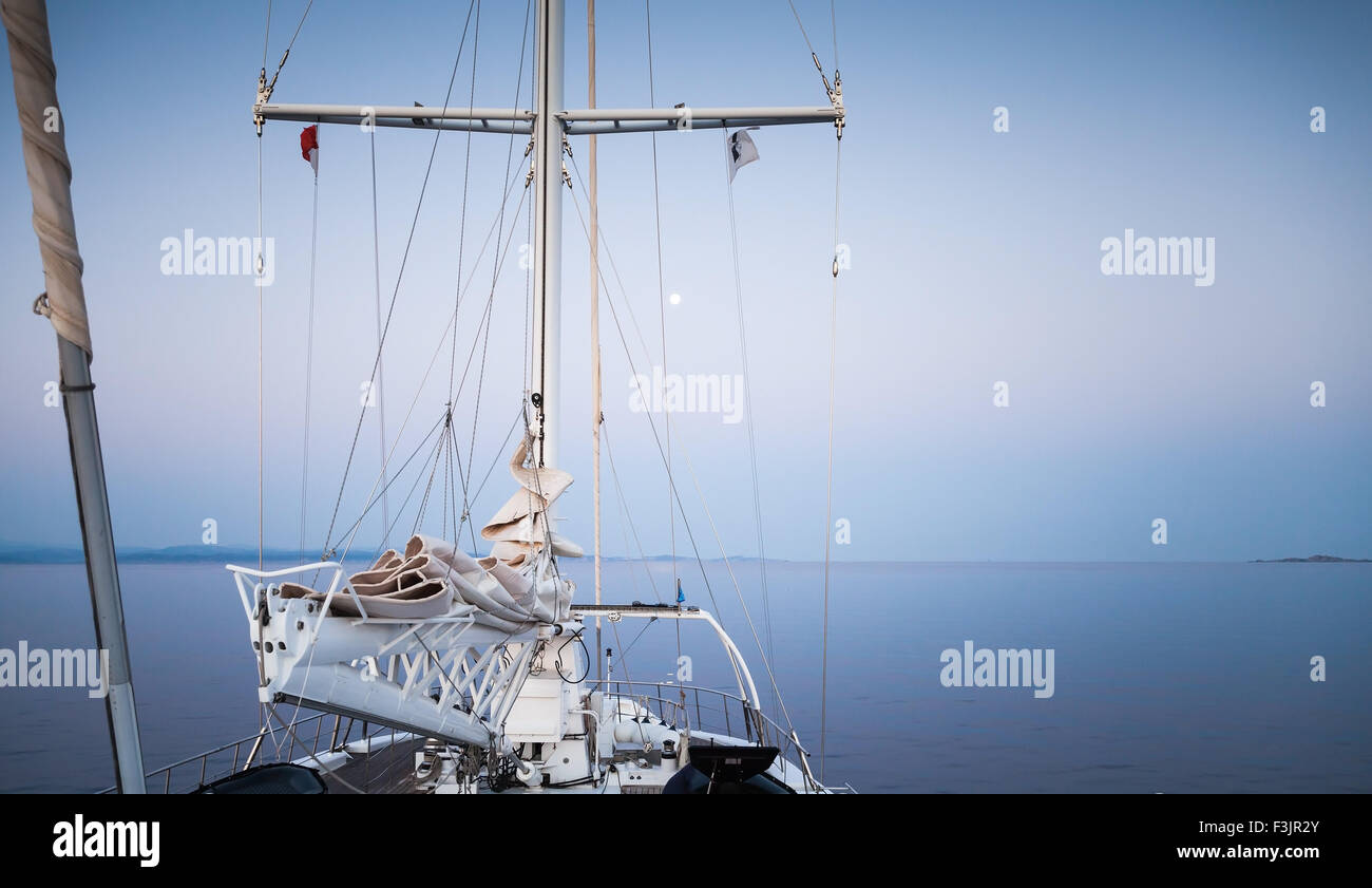 Travel on modern sailing ship, view on the bow from the captain bridge ...