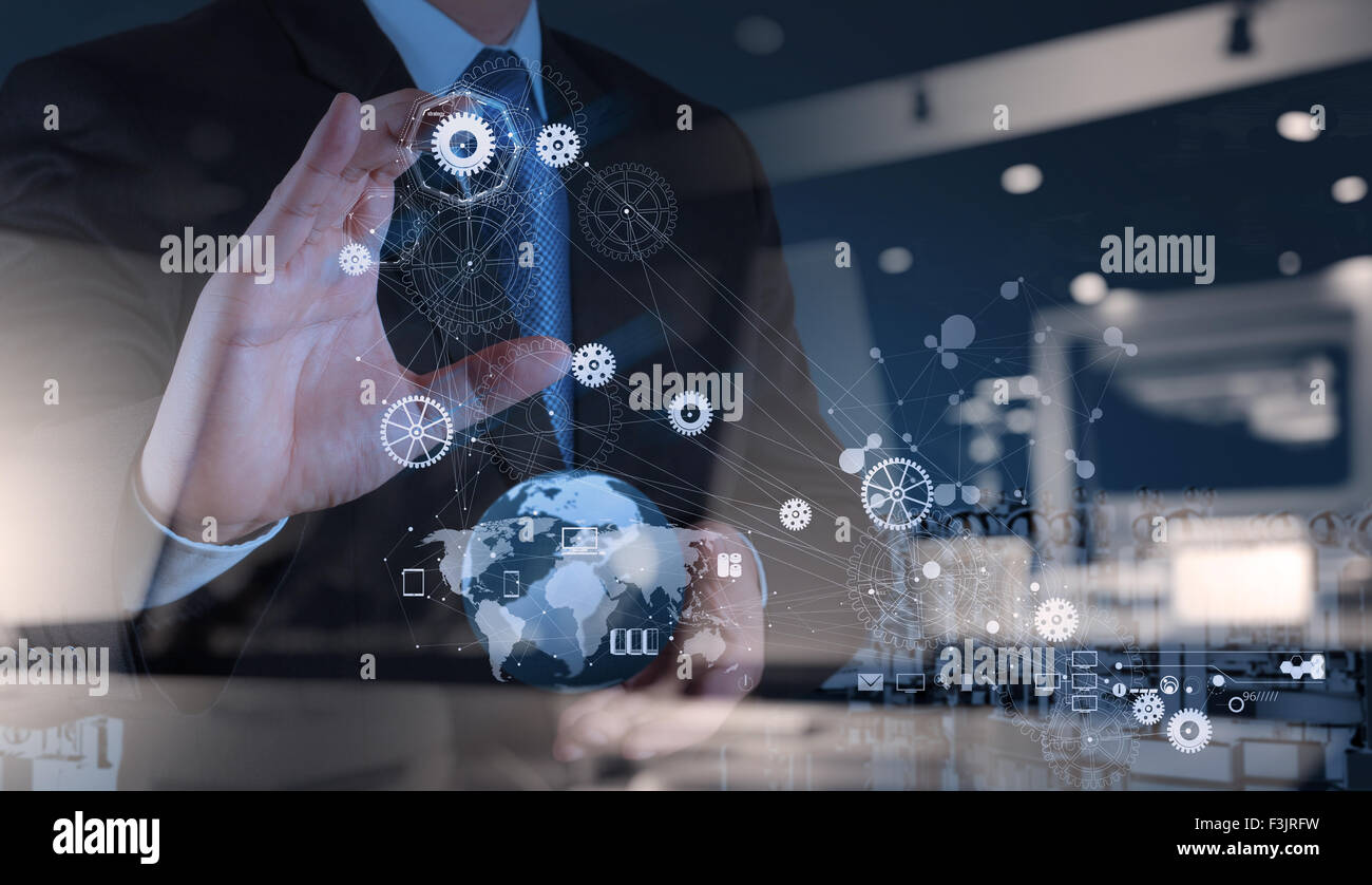 double exposure of engineer businessman hand works industry diagram on ...