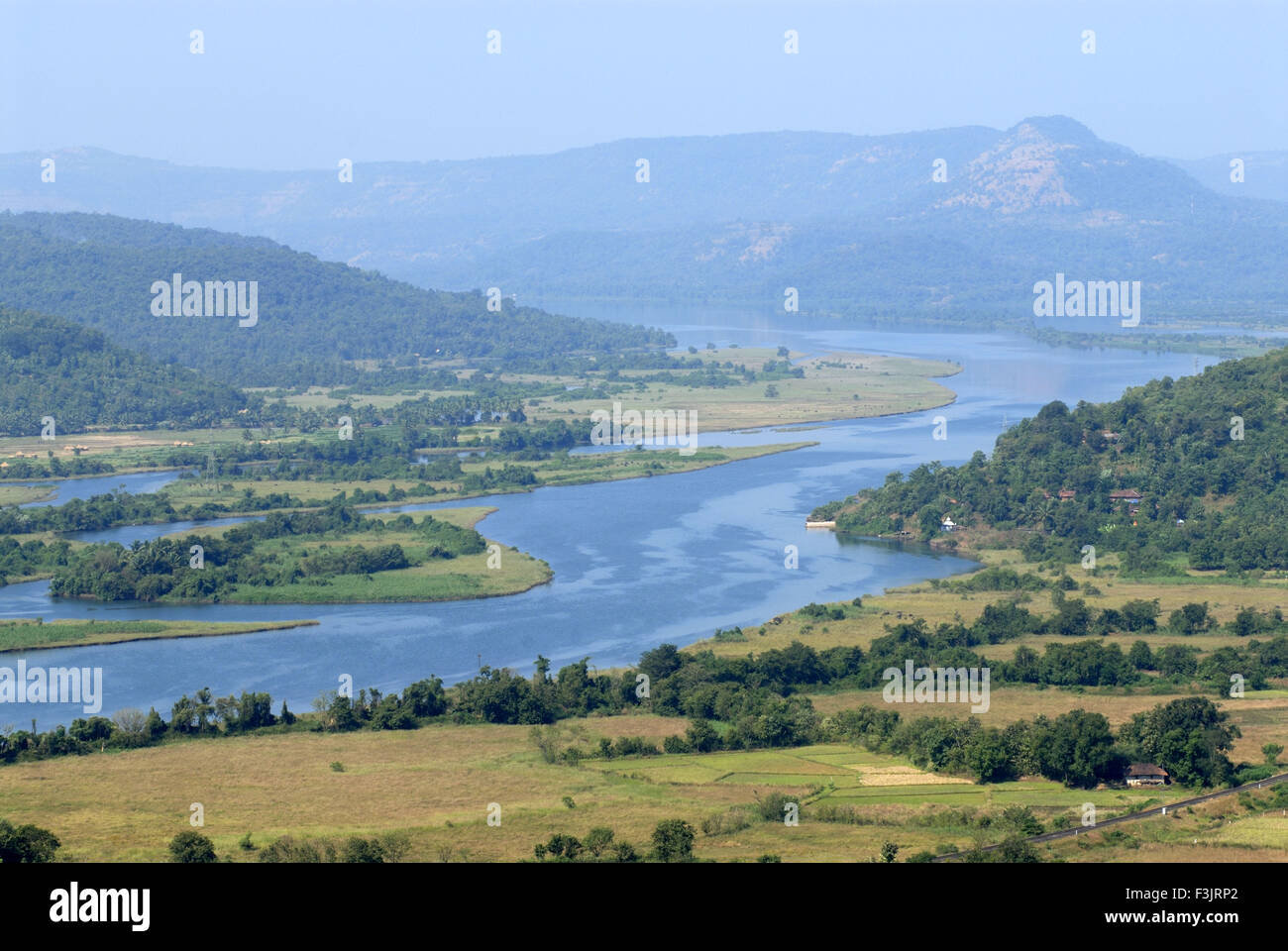 meandering water Vashishti River mountain ranges Sahyadri greenery ...